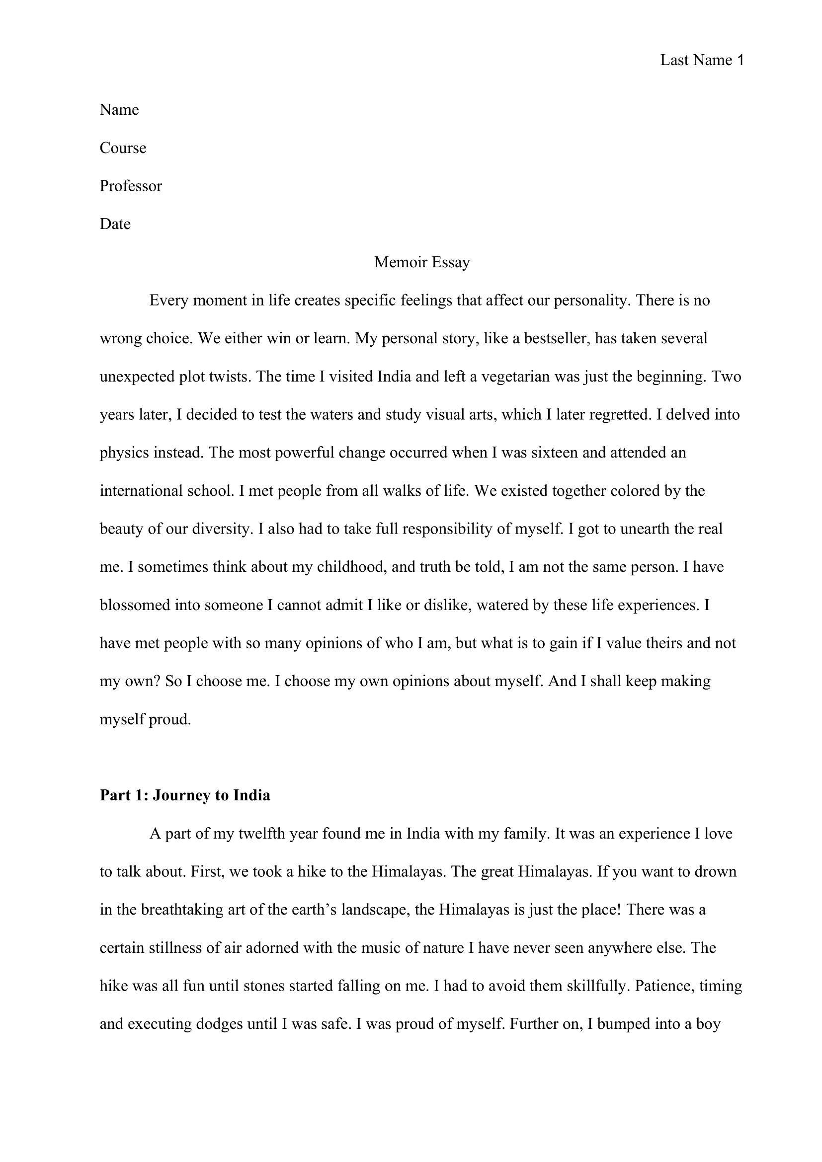 Memoir Essay Examples Sample Bookwormlab